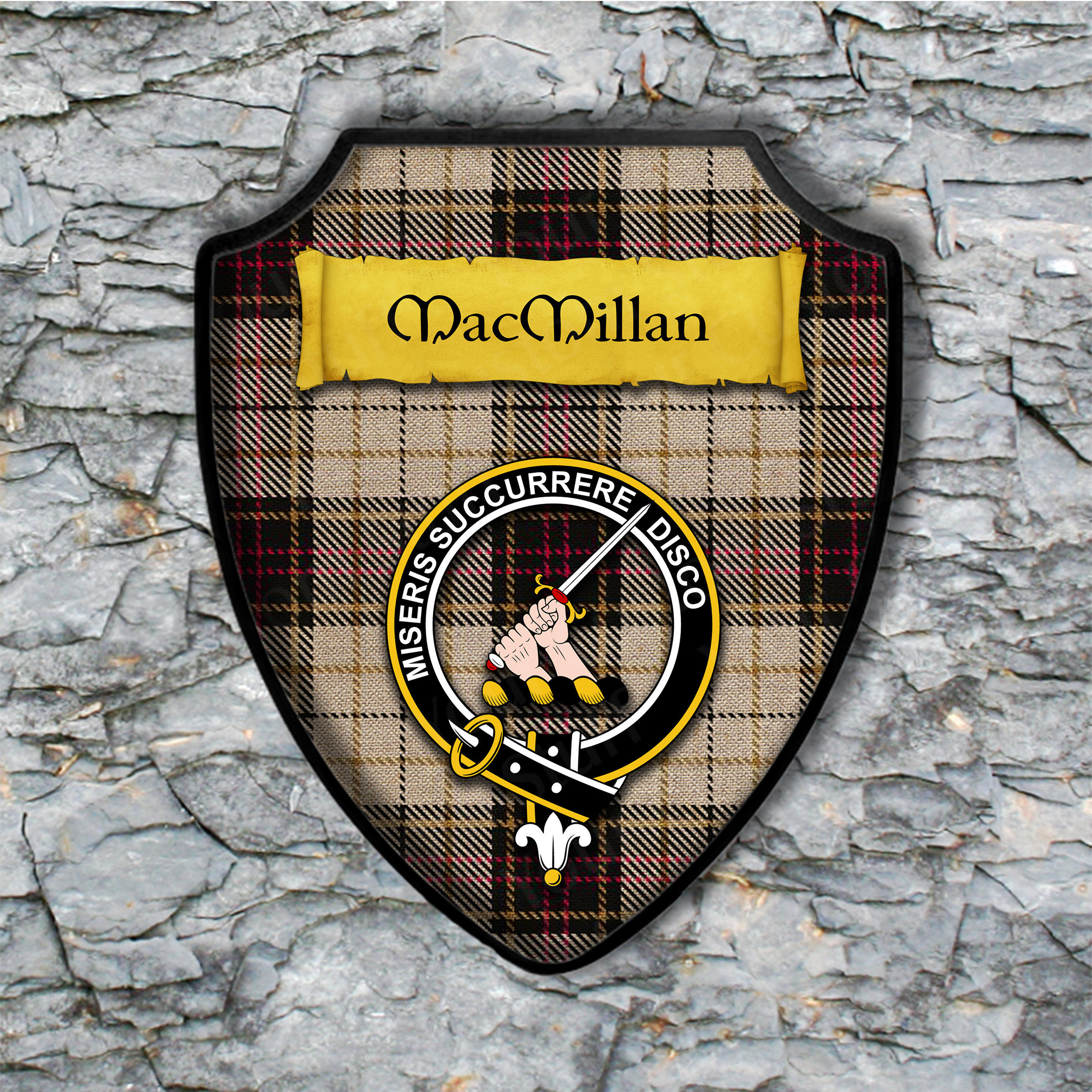 Macmillan Shield Plaque With Scottish Clan Coat Of Arms Badge On Clan Plaid Tartan Background